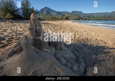 Sand castle on beach at Hanalei Bay, Kauai Stock Photo - Alamy