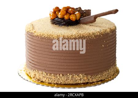 Birthday cake with croquant isolated on white background. Chocolate ...