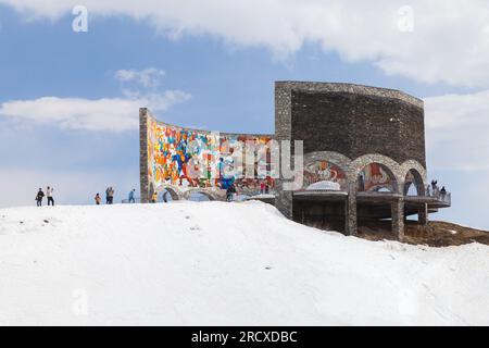 Gudauri, Georgia - May 1, 2019: Tourists visit the Russia–Georgia ...