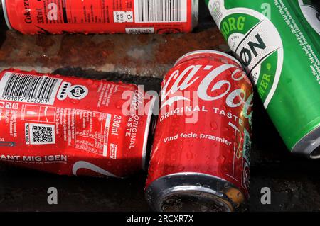 Copenhagen/Denmark/17 July 2023/various can coke beer tuborg and coca ...