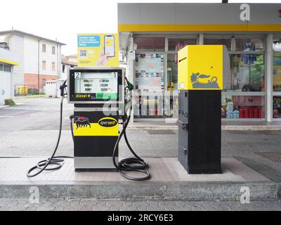 Cremona, Italy - July 3 20223 Self service modern fuel pump at Eni Agip ...