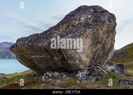 Inuit grave at Kvanefjord, Greenland in July - monochrome, black ...