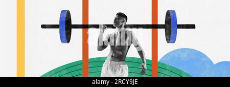 Contemporary art collage. Muscular, athletic, strong man, athlete ...