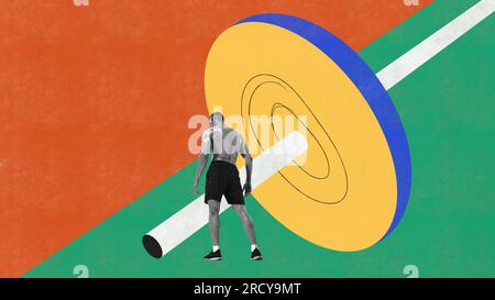 Contemporary art collage. Muscular, athletic man training, bodybuilder ...