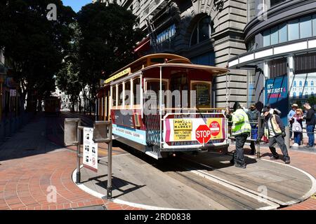 Drivers turning cable car on a turntable, San Francisco, California ...