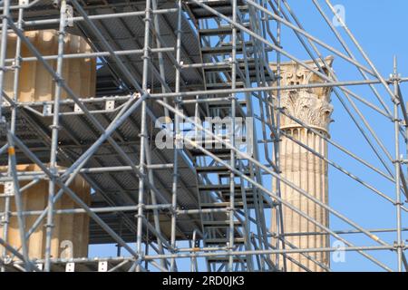 scaffold built between ancient reconstruction columns in Athens Greece ...