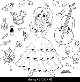 Wednesday. Fantasy dancing of pretty girl. Vector illustration. Hand ...