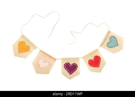 Bunting with burlap flags and hearts isolated on white, top view Stock ...