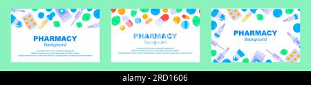 Set of pharmacy backgrounds. Pills and drugs design. Medicine flat ...