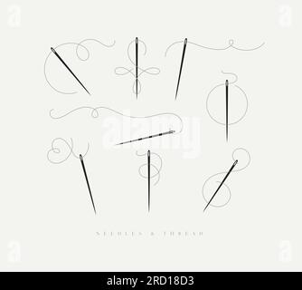 Needles and curly threads in different positions drawing on white ...