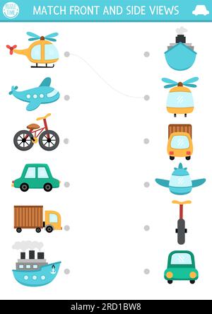 Transportation matching activity with cute plane, ship, train, places ...