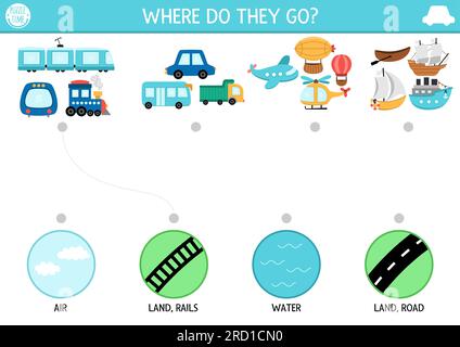 Transportation matching activity with cute plane, bus, car, helicopter ...