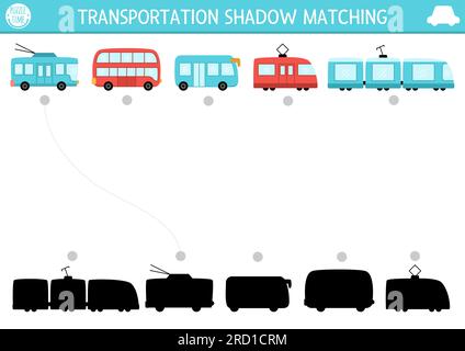 Transportation shadow matching activity. Railway transport puzzle with ...