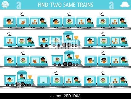 Find two same trains. Transportation black and white matching activity ...