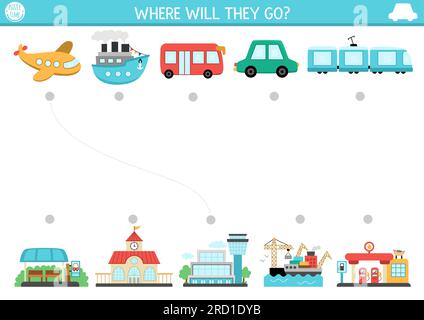 Transportation matching activity with cute plane, ship, train, places ...