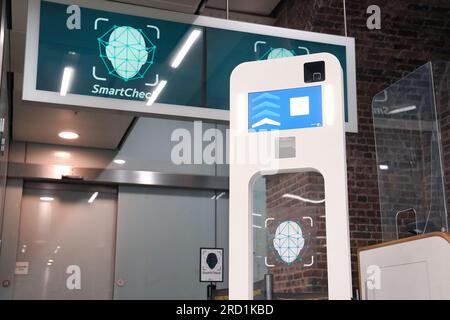 A general view of the new SmartCheck facial biometric check-in system ...