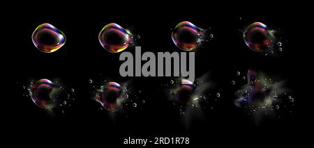 Iridescent foam bubble burst explosion sprite animation. Glass spectrum ...