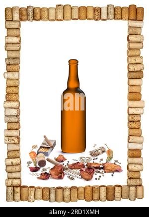 Frame made of wine bottle, rose flowers, gifts and hearts on blue ...