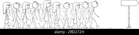 Crowd of People Following Directional Arrow, Vector Cartoon Stick ...