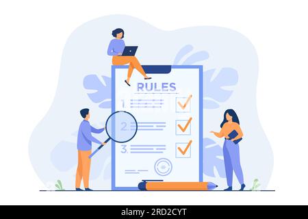 People studying list of rules. Making checklist. Reading guidance. Vector illustration. Flat ...