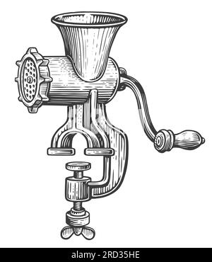 Retro iron manual meat grinder with handle. Old meat mincer sketch ...