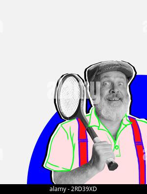 Contemporary art collage. Cheerful senior man in image of Santa Claus ...