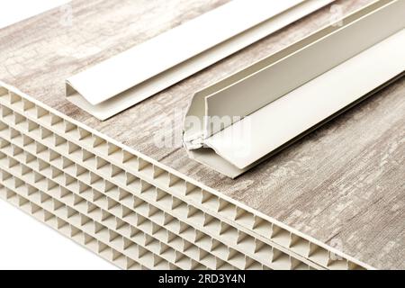 Set of items for PVC ceiling indoor works. Assembly adhesive bottles ...