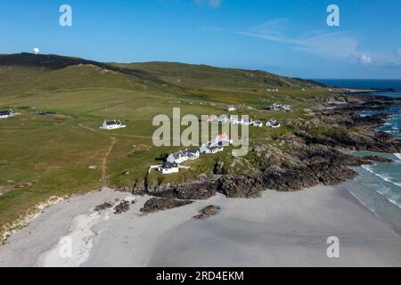Aerial view of Balephuil bay, and Balephuil township, Isle of Tiree ...