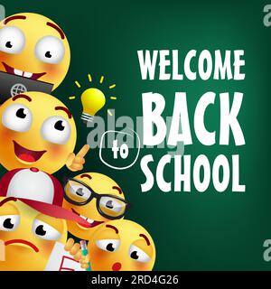 Back to school smileys vector design. Yellow student emoticons with ...