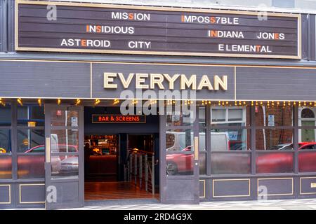 Entrance to Everyman cinema with list of films showing Stock Photo - Alamy