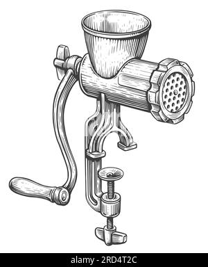 Retro iron manual meat grinder with handle. Old meat mincer sketch ...