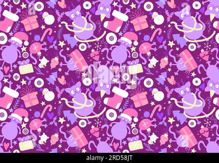 Cartoon funny cats seamless Christmas tree pattern for wrapping paper ...