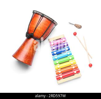 Different musical instruments on white background Stock Photo - Alamy