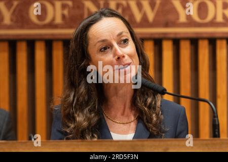 Rebecca Weiner speaks at public safety announcement by Mayor Eric Adams ...