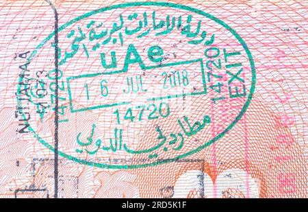 UAE border crossing stamp in an open passport. United Arab Emirates ...