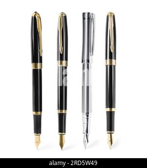 Set of fountain pens on white background, top view Stock Photo - Alamy