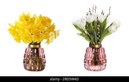 Collage of stylish vase with different bouquets on white background ...