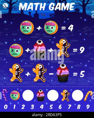 Cartoon Halloween sweets and candies. Math game worksheet. Addition and ...