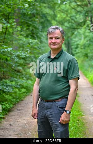 Hirschfelde, Germany. 12th July, 2023. Mathias Graf von Schwerin, forest owner and proprietor of ...