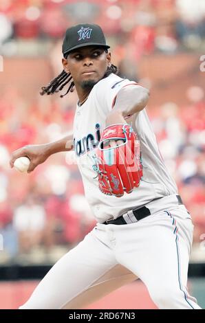 Miami Marlins starting pitcher Edward Cabrera (27) in action during a ...