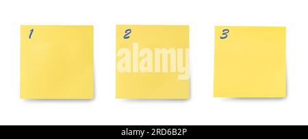 Three yellow paper notes mockup pinned to wooden bulletin board. sticky ...