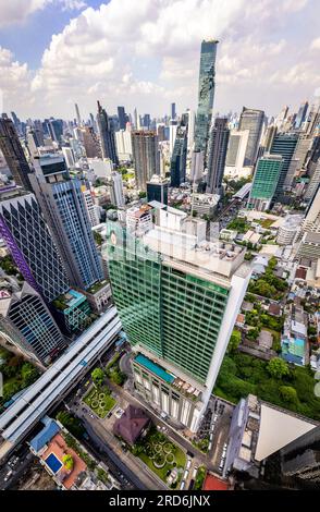 Aerial view of Sathorn and Saphan Taksin districts in Bangkok, Thailand ...