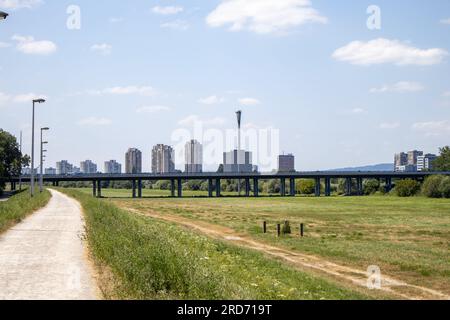 Freedom Bridge with Zagreb buildings Stock Photo - Alamy