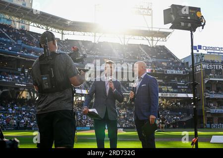 MLB broadcasters Mike Pomeranz, left, and Mark Sweeney speak before a ...
