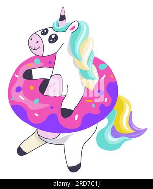 Cute unicorn in an inflatable circle. Kids coloring book page with ...