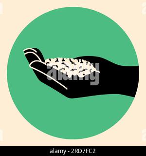 Hand holding polymer granules black line icon. Ecology pollution ...