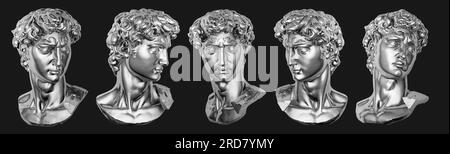 David glossy metallic bust on isolated background. Black and white ...