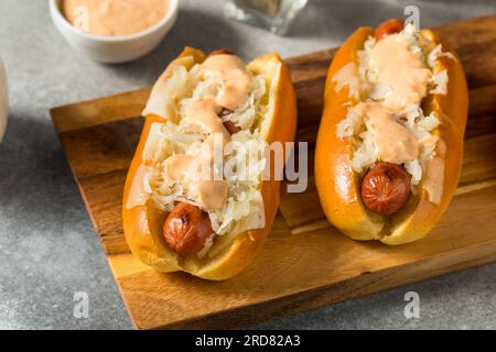 Homemade Kansas City Style Reuben Hot Dog with Sauerkraut Stock Photo ...