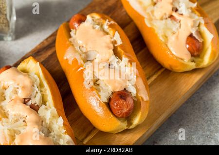 Homemade Kansas City Style Reuben Hot Dog with Sauerkraut Stock Photo ...