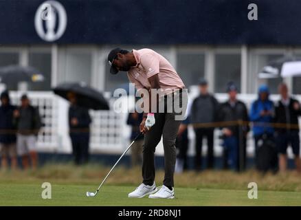 Sahith Theegala hits from the fairway on the 18th hole during the third ...